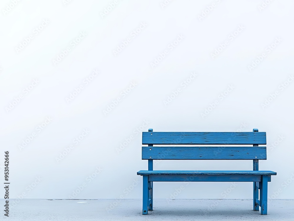 Simple blue bench in the upper left third of a white background ...