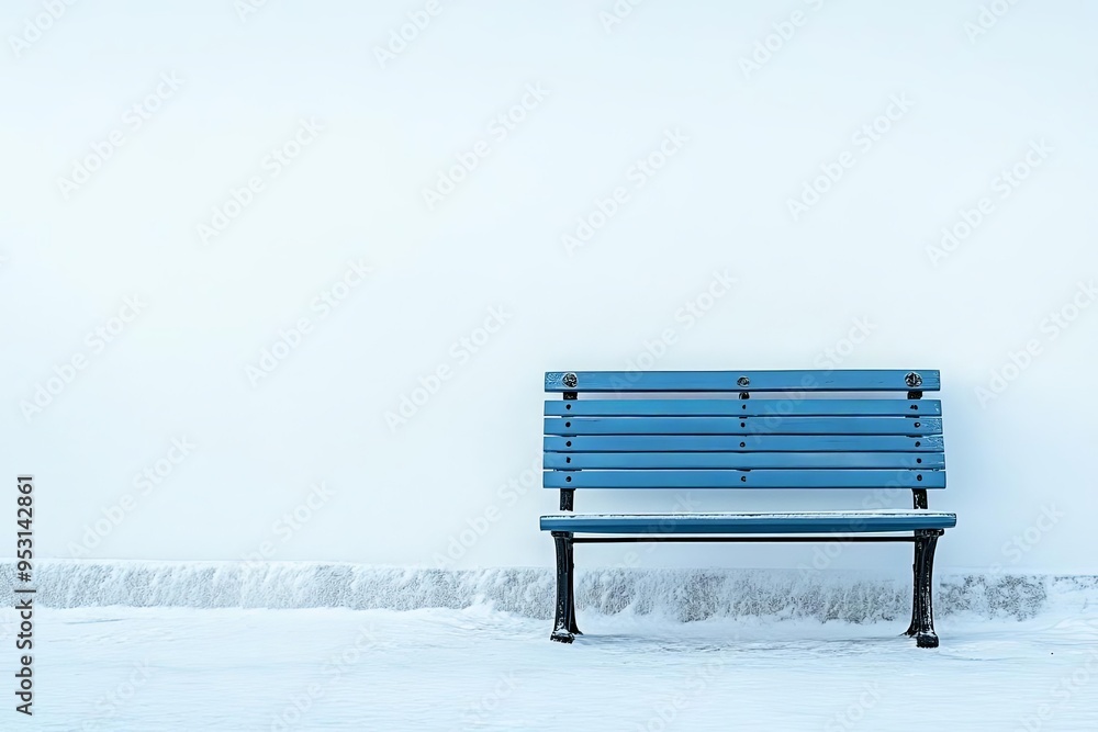 Simple blue bench placed on the lower right third of a white background ...