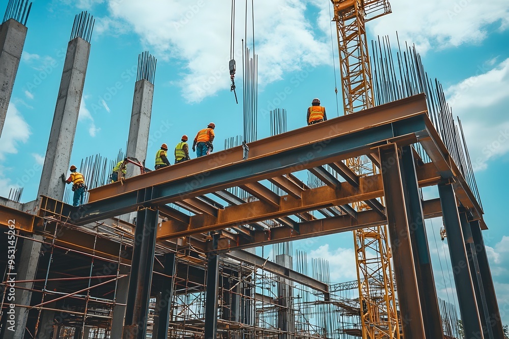 Construction workers installing steel beams at a building site with ...
