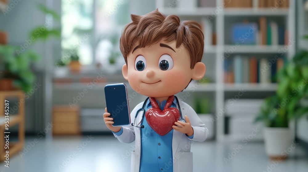 3D medical illustration of a heart checkup with an online consultation ...