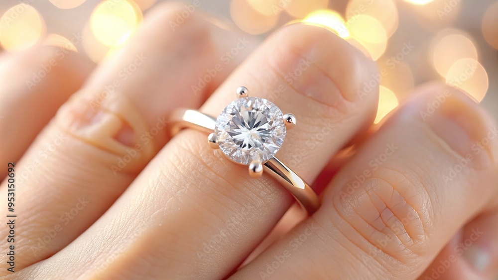 A delicate, bejeweled engagement ring adorns a slender finger ...