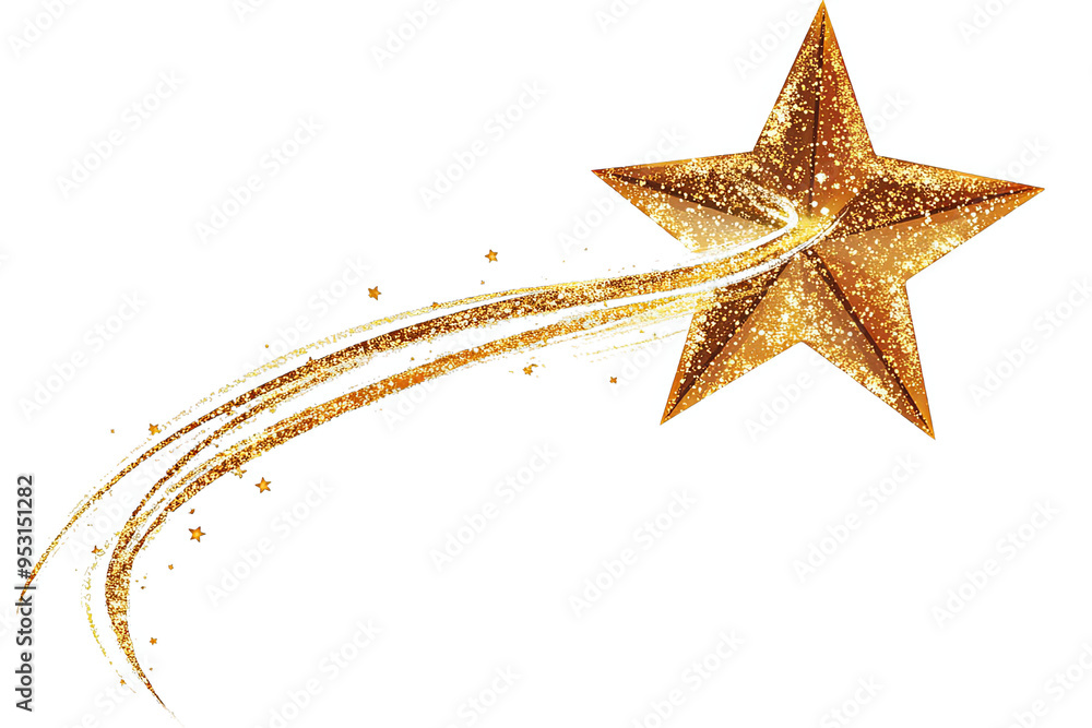 A golden shooting star with a sparkling trail against a white transparent background. Stock ...
