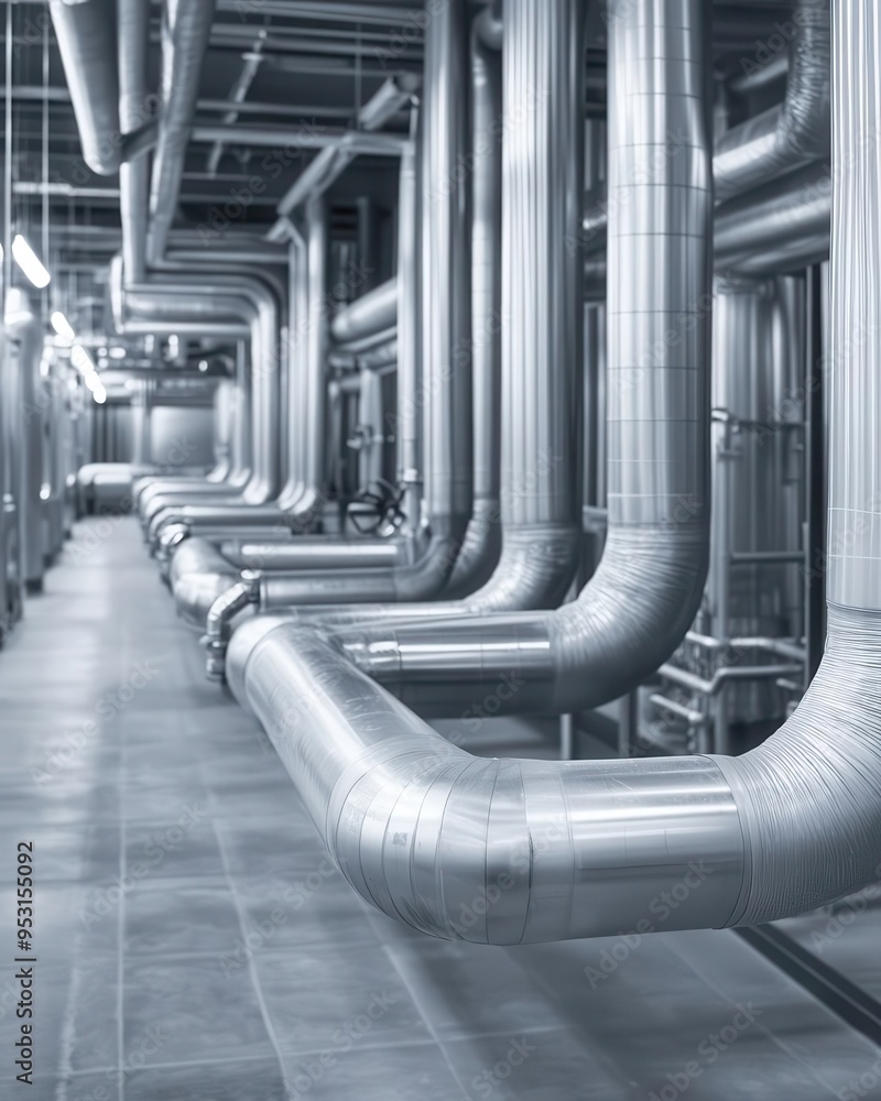Industrial piping system with metal tubes and ducts in a modern factory ...
