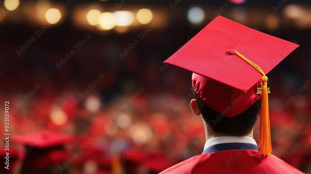 Rear view of a graduate wearing a red cap at a commencement ceremony ...