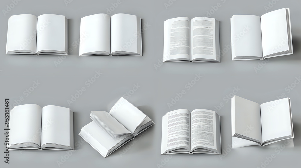 Collection of open book mockups featuring various angles and ...