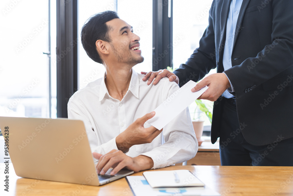 Good job Asian manager business man giving financial reward in an ...