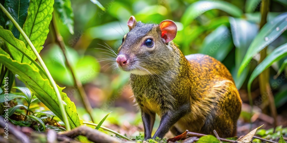A solitary agouti rodent, with distinctive banded fur, cautiously ...