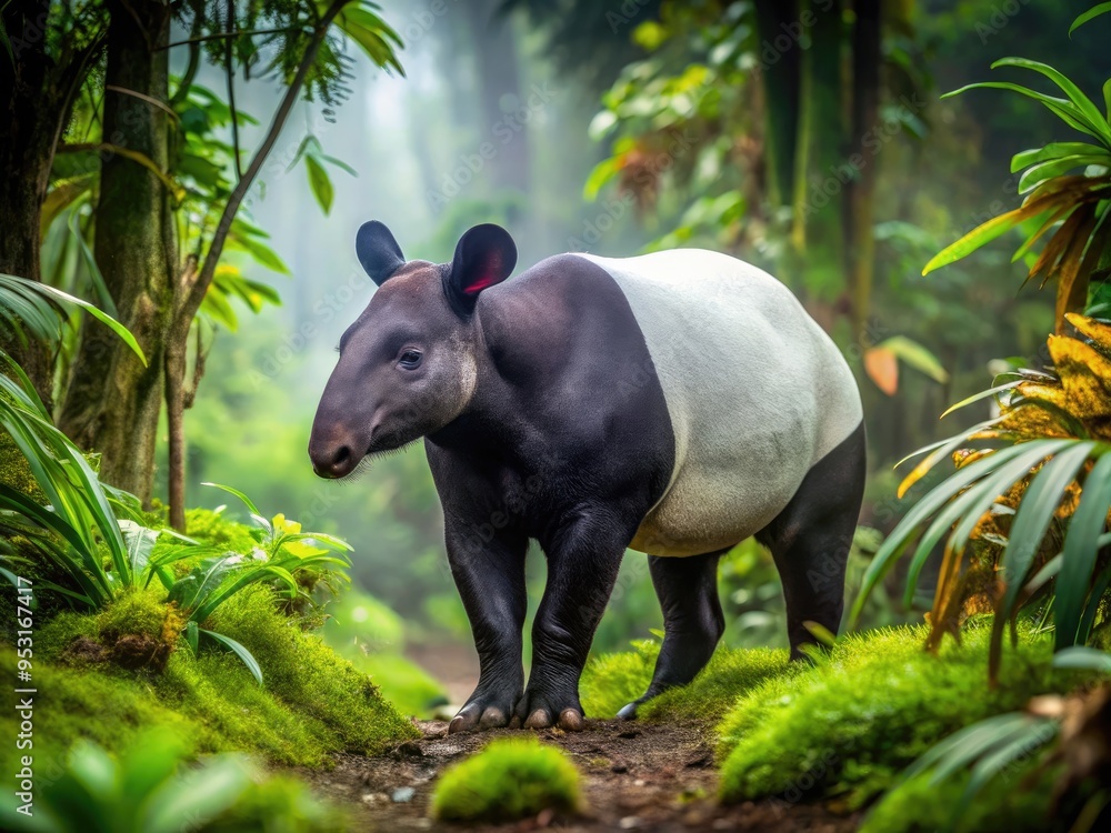 A solitary Malayan tapir with distinctive black and white markings ...
