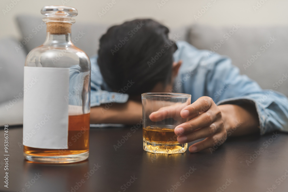 Health care alcoholism drunk, fatigue asian young man holding glass of ...