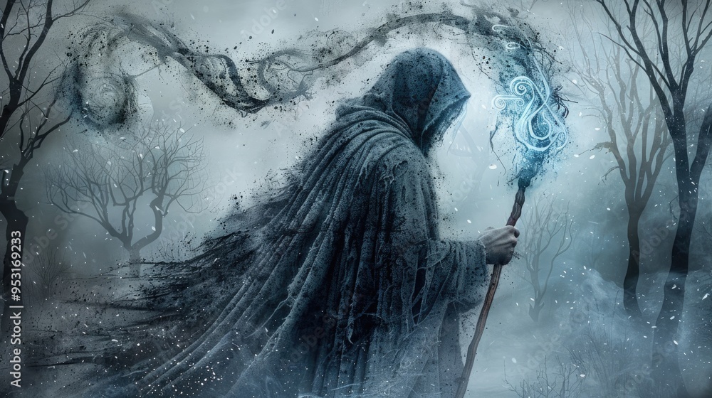 A cloaked sorcerer stands in a dark, ancient forest, holding a glowing ...