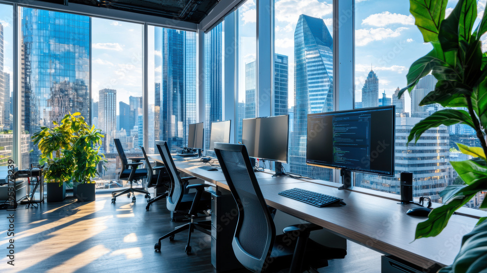 A modern office background with sleek desks, ergonomic chairs, and ...