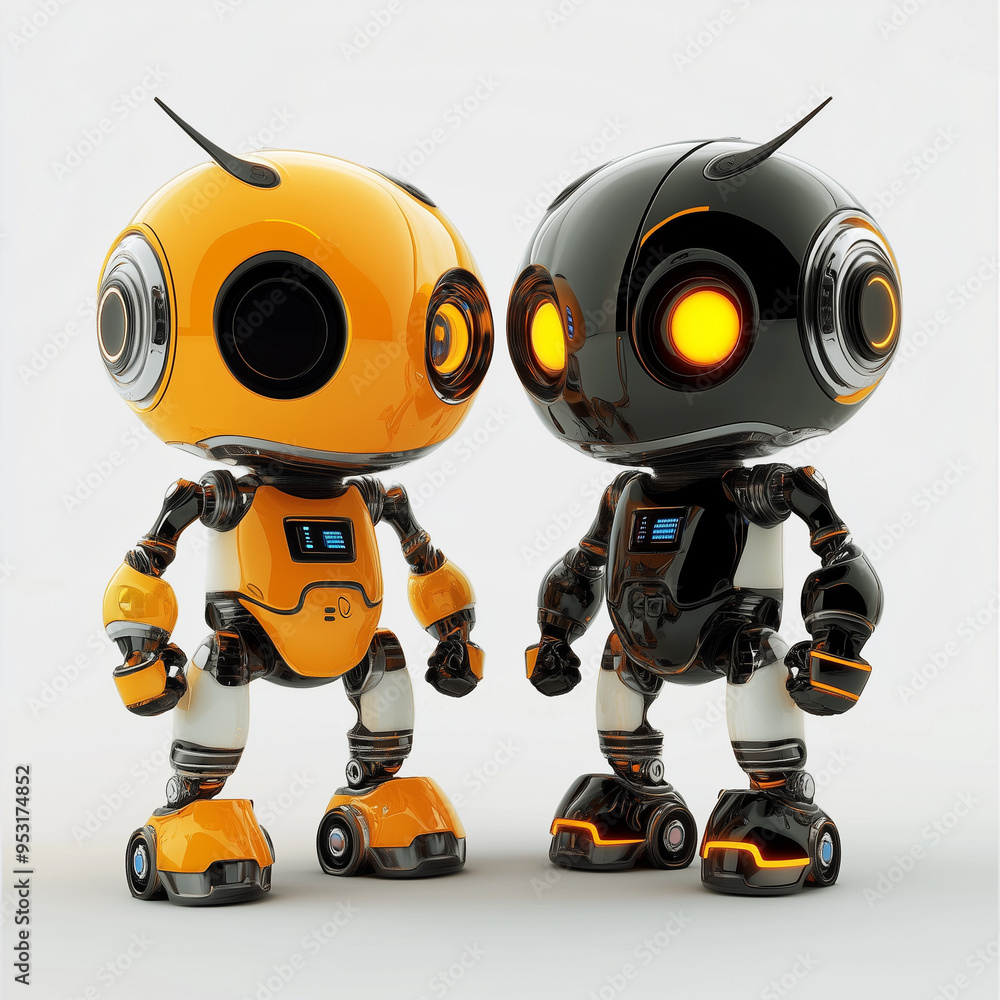 This image is of three cute and friendly robots. The three robots are ...