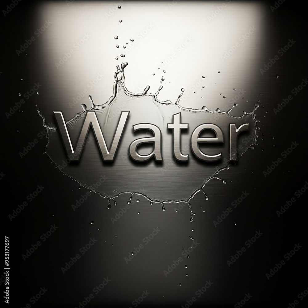 Water text water sign with splashing effects on a solid grey background ...
