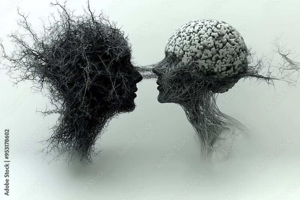 Abstract monochromatic illustration of two intertwined trees with ...