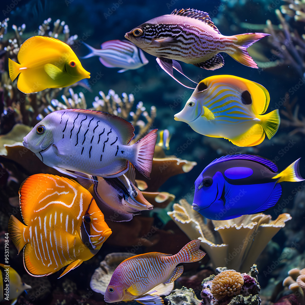 Colorful tropical fishes are swimming in blue water near coral reef ...