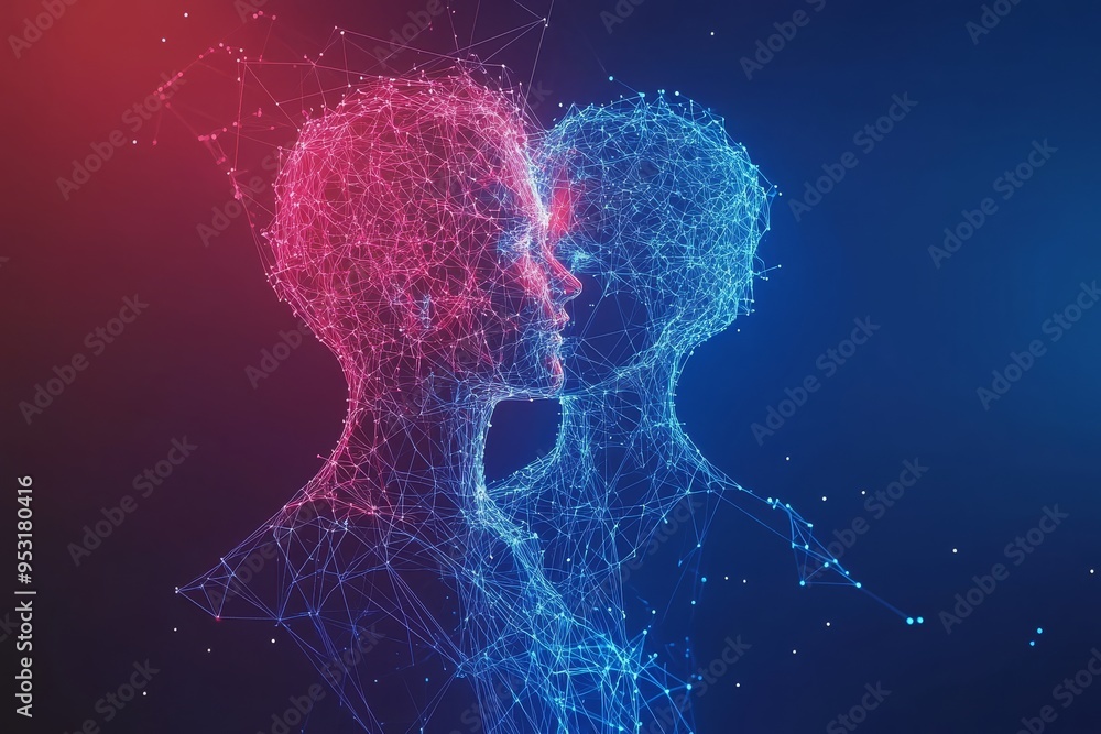 Abstract conceptual depiction of two faces with neural networks ...