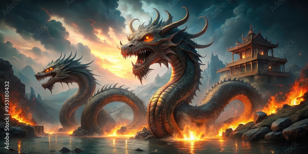 Majestic multi-headed serpent mythological creature Hydra rises from ...