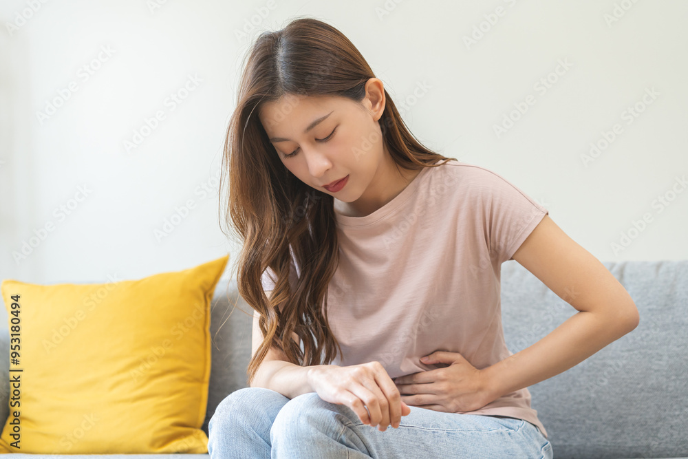 Flatulence asian young woman intolerance hand in stomach ache, suffer ...