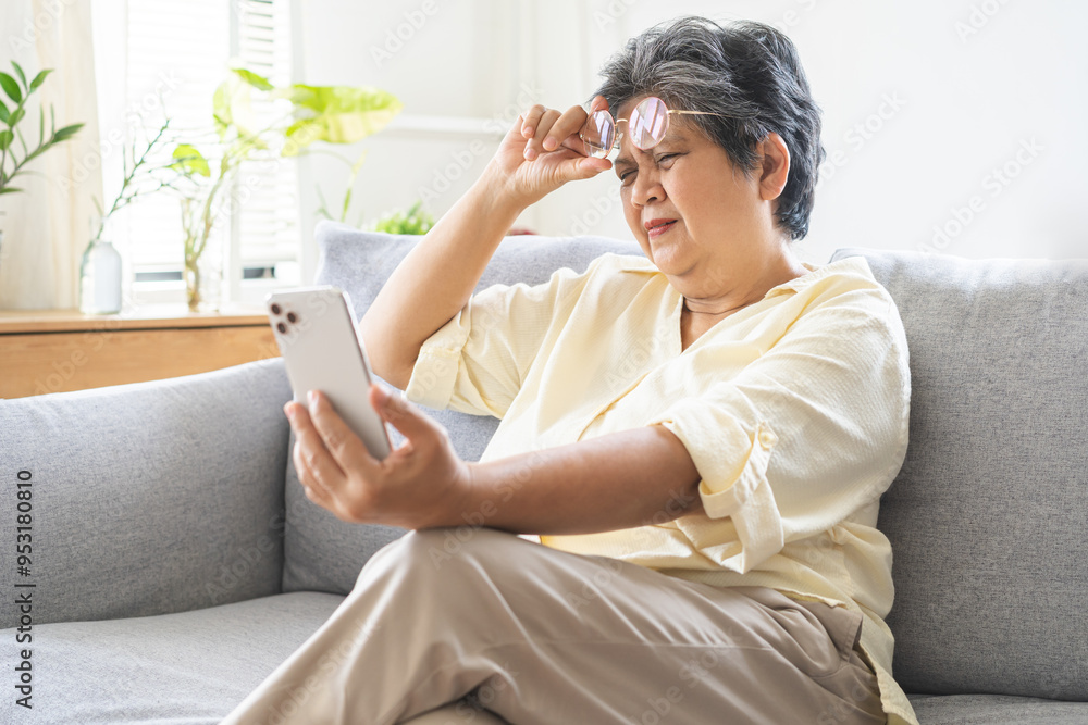 Poster Presbyopia, Hyperopia mature, aged asian woman wearing glasses ...