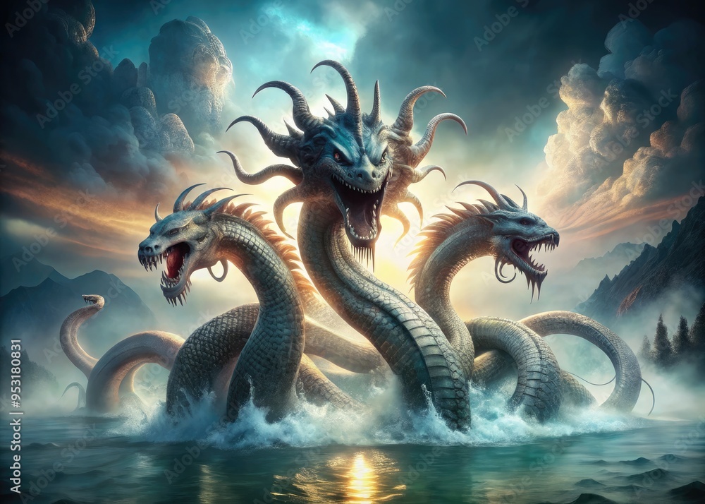 Majestic, serpent-like Hydra mythical creature emerges from misty ...