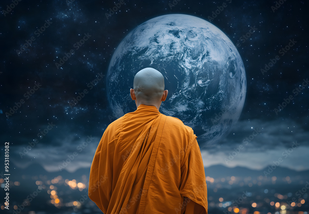 Buddhist monk in Laos in a orange robe, back view, with a space ...