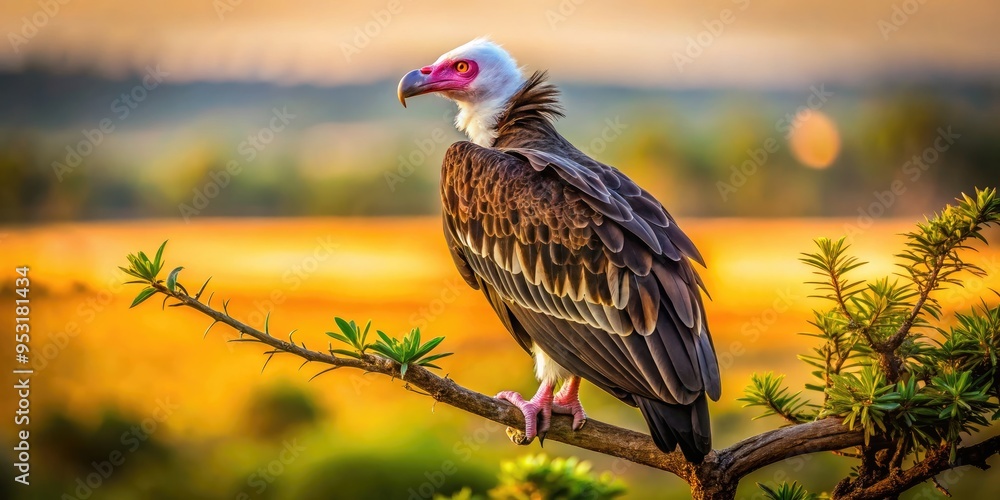 Majestic white-headed vulture perches on a branch, feathers ruffled ...