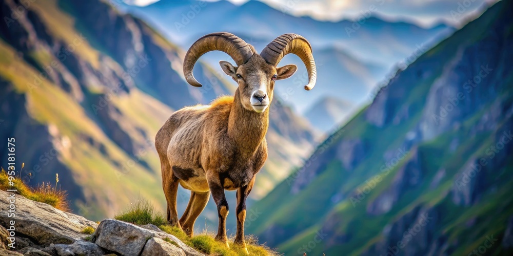 Majestic wild urial sheep with curved horns stands proudly on a rugged ...