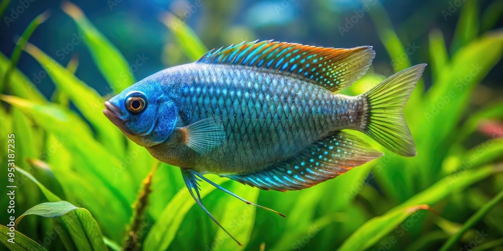 Vibrant blue dwarf gourami fish swims near lush green aquatic plants in ...