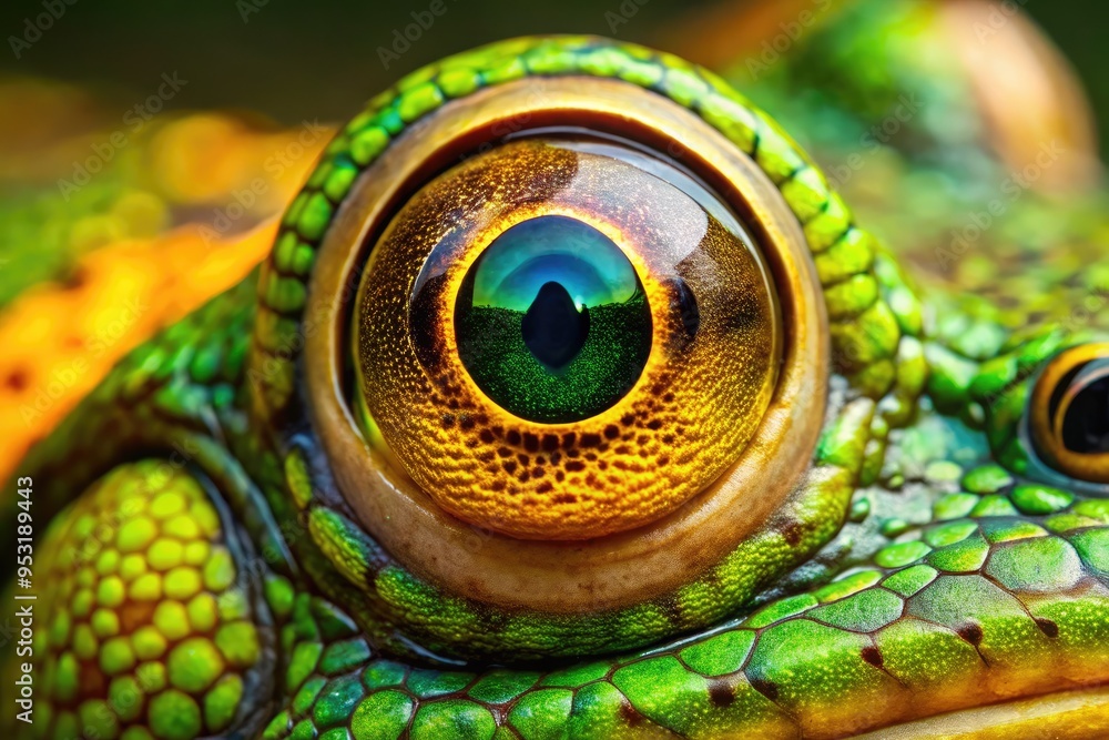 Vibrant green and golden hues surround a frog's round, black pupil ...