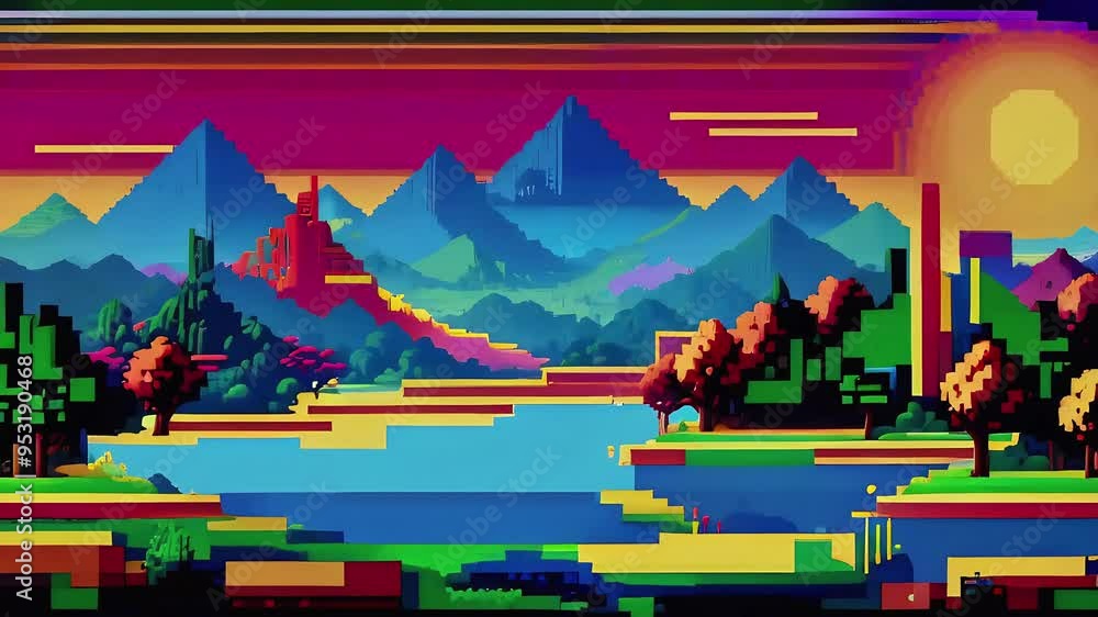 Pixelated game world with vibrant colors in a retro 8-bit style ...