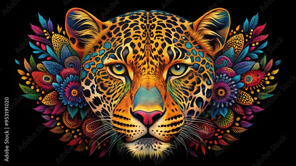 Vibrant illustration of a colorful leopard's head formed by intricately ...