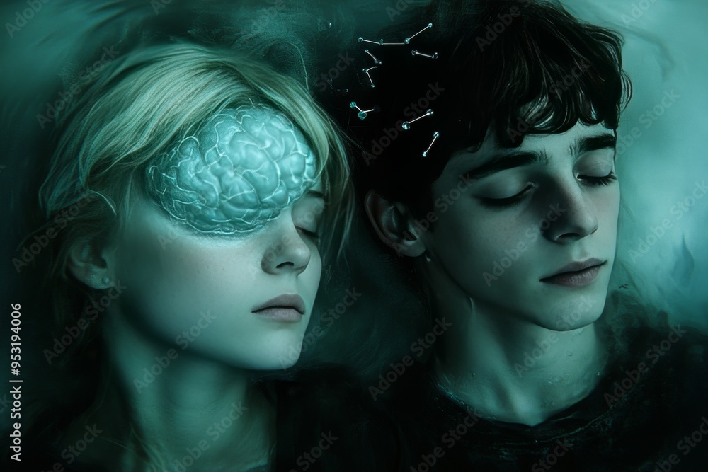 Visual Enduring love Elderly couple with illuminated brain imagery ...