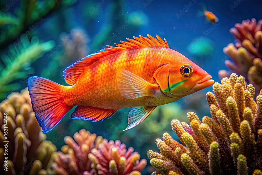 Vibrant orange wrasse fish swims amidst coral reef seaweed, its ...