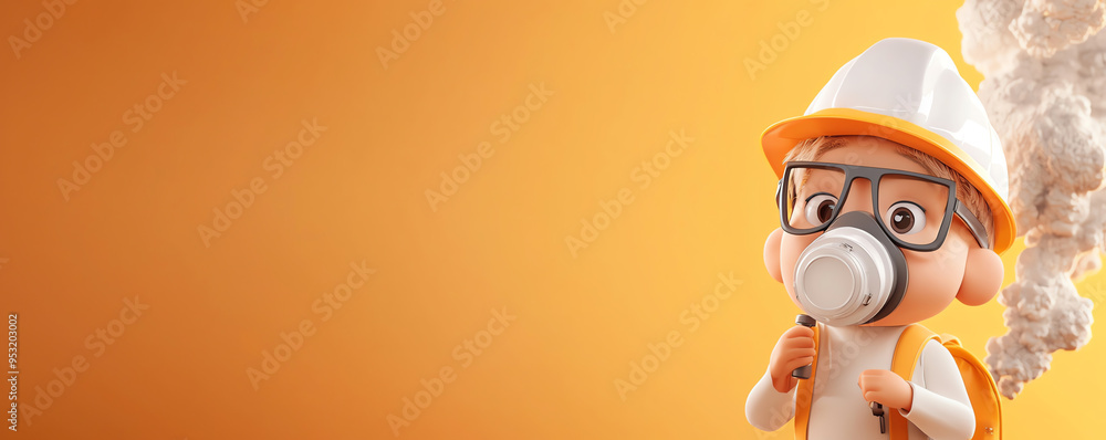 A cartoon child wearing safety gear and a gas mask against an orange ...