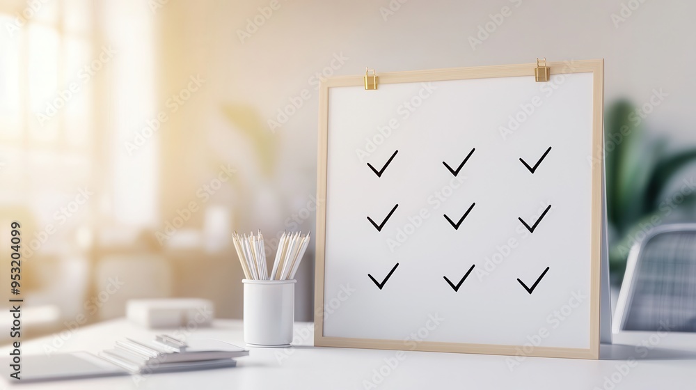 Whiteboard with Check Marks on a Desk. Stock Illustration | Adobe Stock