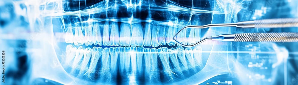 X-ray image revealing dental structure with instruments, showcasing ...
