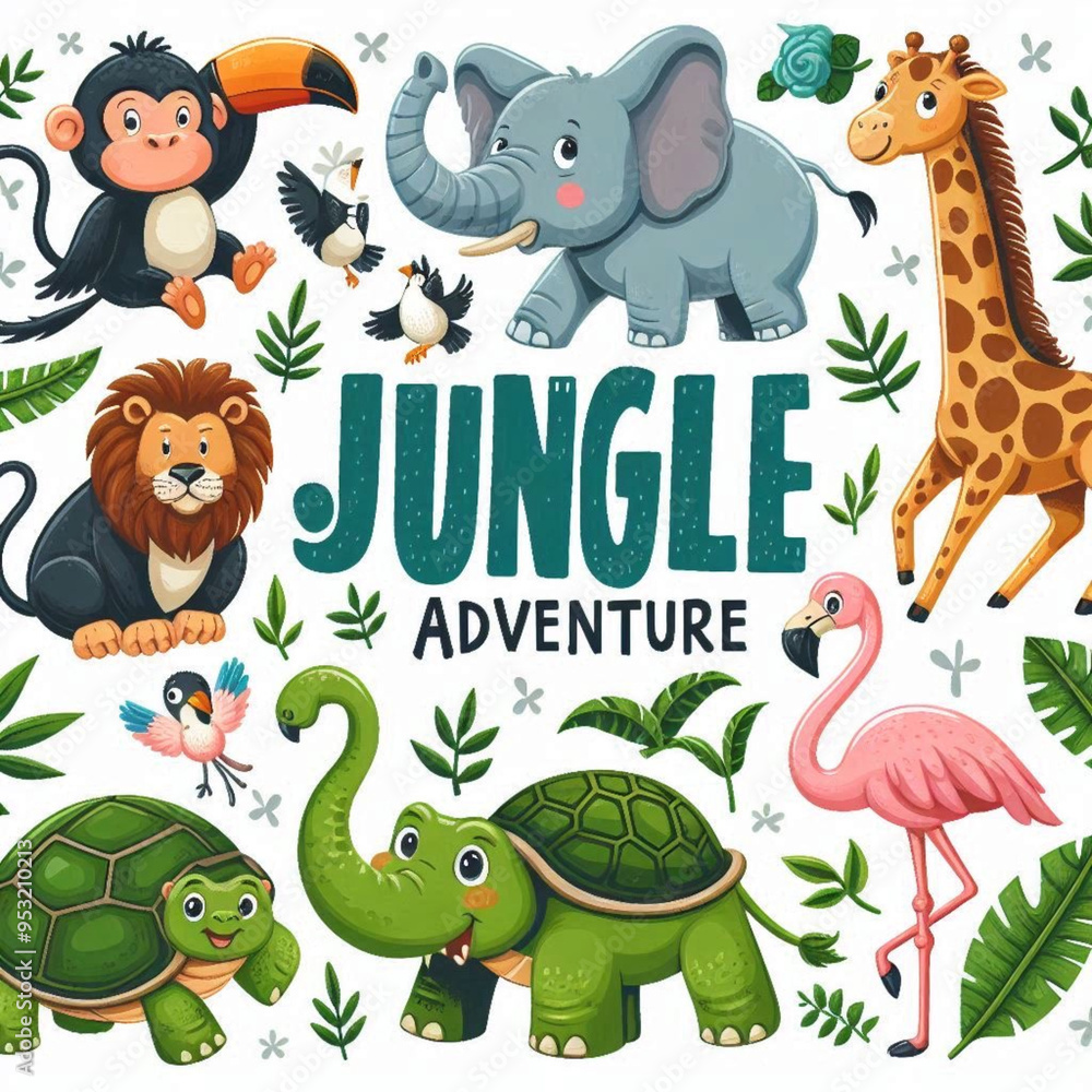 The image is a colorful, cartoon-style illustration with a jungle theme ...