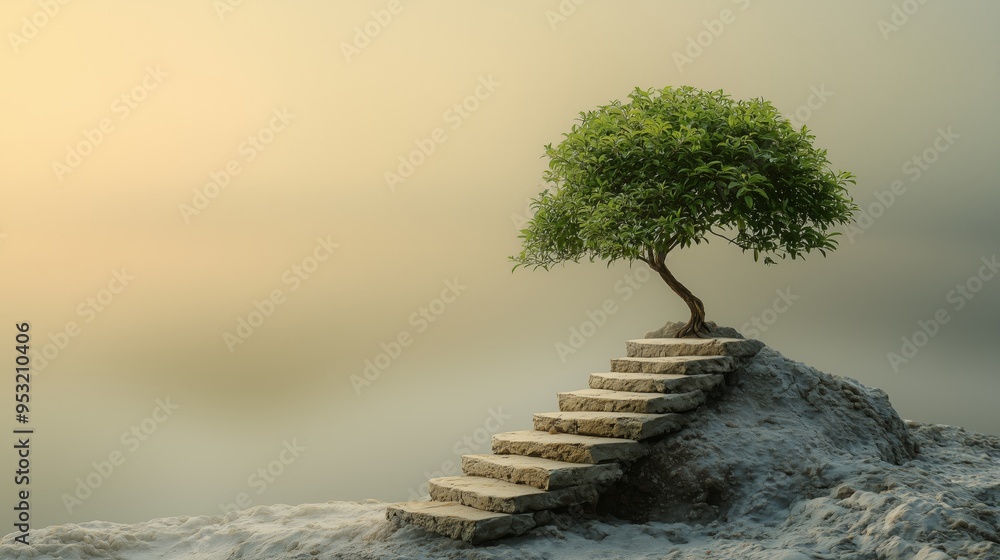 Stone steps ascending to a solitary tree on a small hill, symbolizing ...