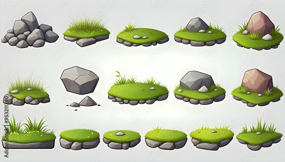 grass stones platforms 2d game design elements on isolated white ...