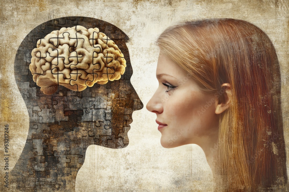 Cognitive load Trust Mosaic like brain imagery on profiles of a man and ...