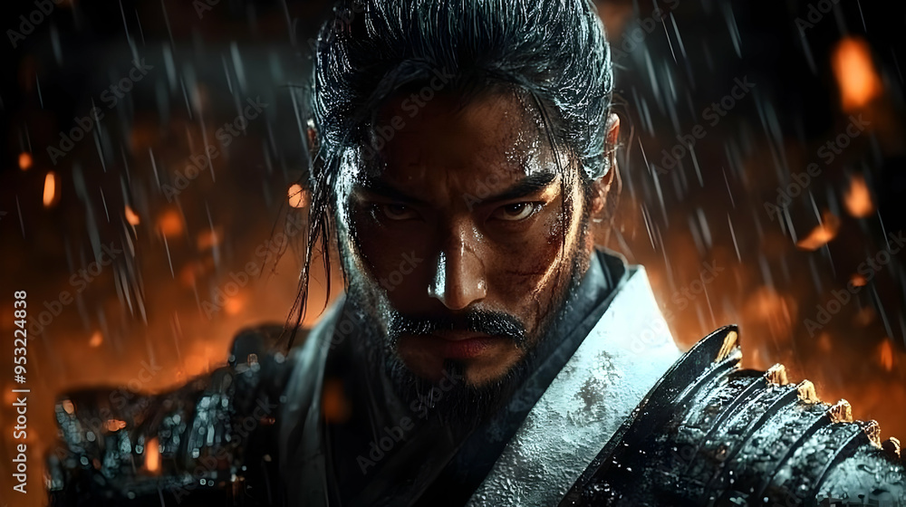 A samurai warrior with a determined look on his face, rain falling on ...