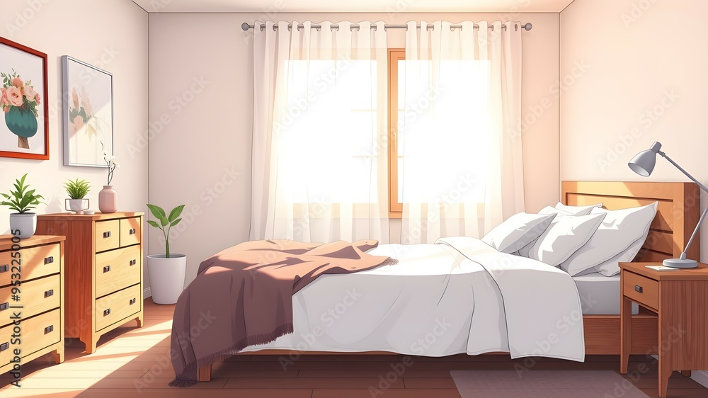 Anime Style Illustration of Serene Modern Bedroom with Wooden Bed ...