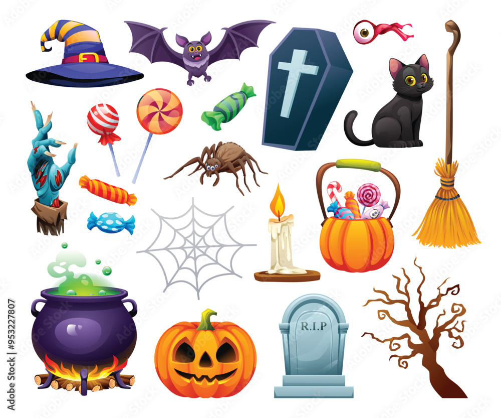 Halloween set featuring witch hat, bat, spider, coffin, and candies ...