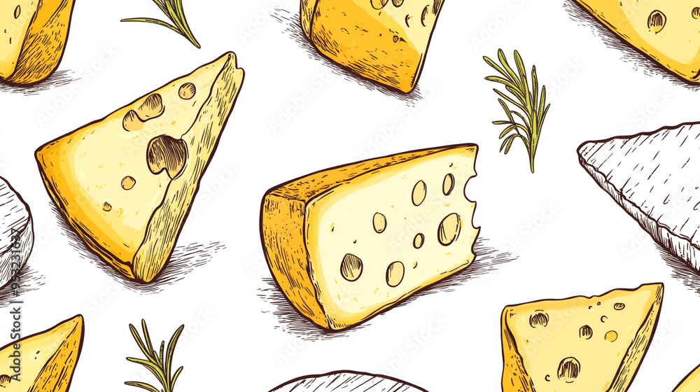 ภาพประกอบสต็อก Illustrative pattern of various cheese types with herbs ...