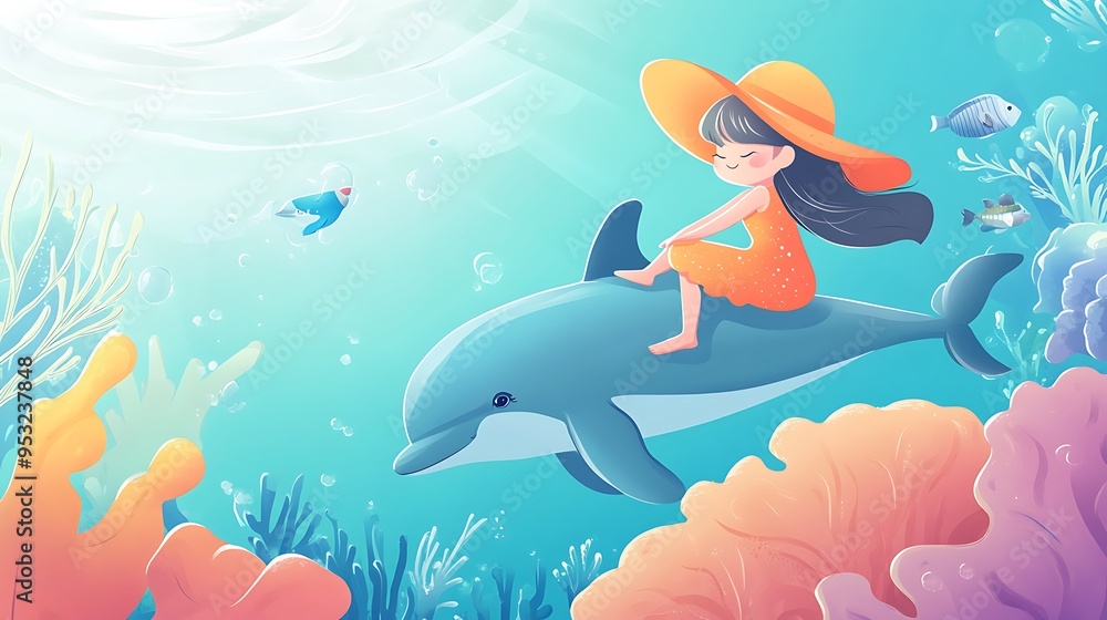 Joyful Girl Riding Dolphin - Cute Cartoon Illustration of Child on ...