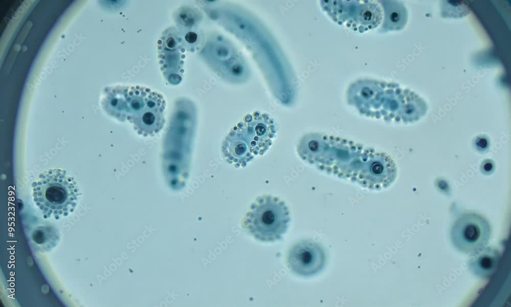 High-Magnification View of Multiple Microorganisms in a Fluid Medium ...