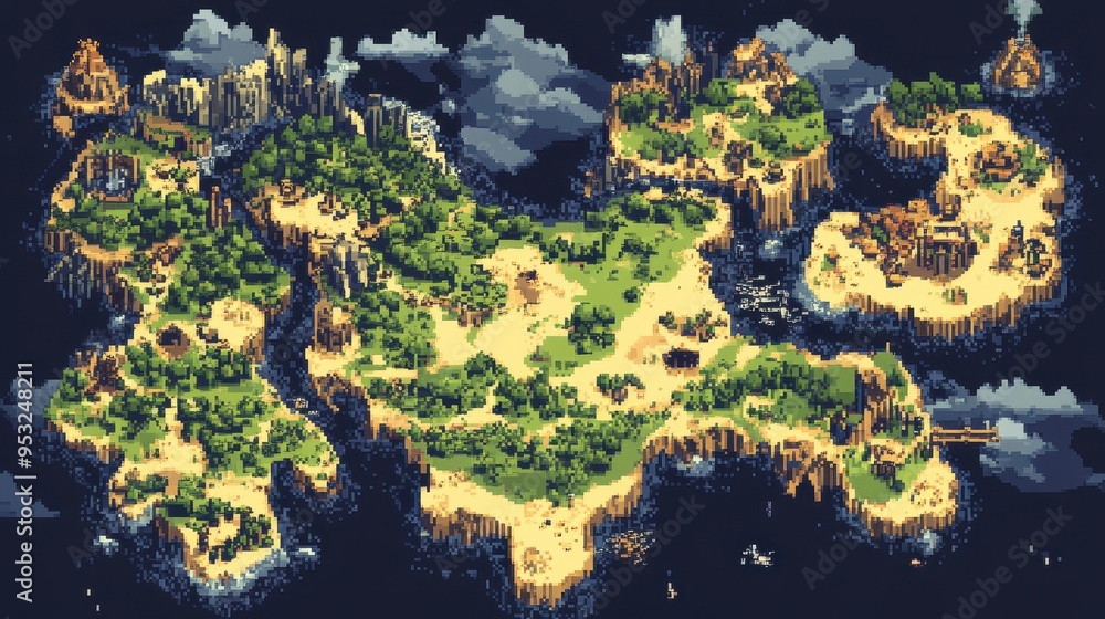 Retro 8-Bit Pixel Art Fantasy World Map with Nostalgic Adventure Icons ...