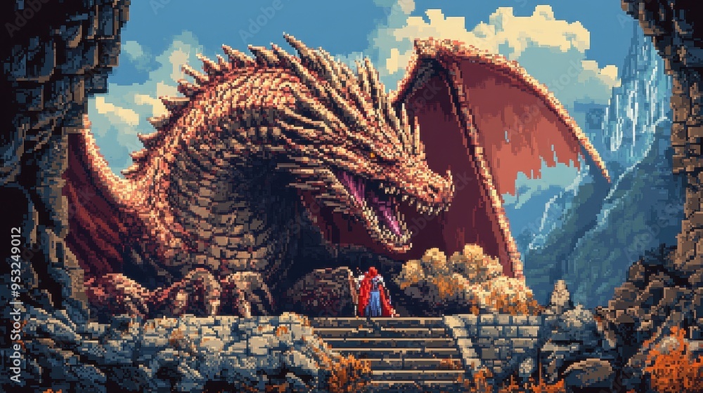 Retro 8-bit Pixel Art of a Pixelated Dragon Lair in a Classic Fantasy ...