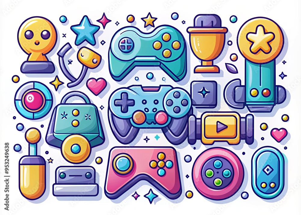 Colorful illustration of various video game elements, including ...