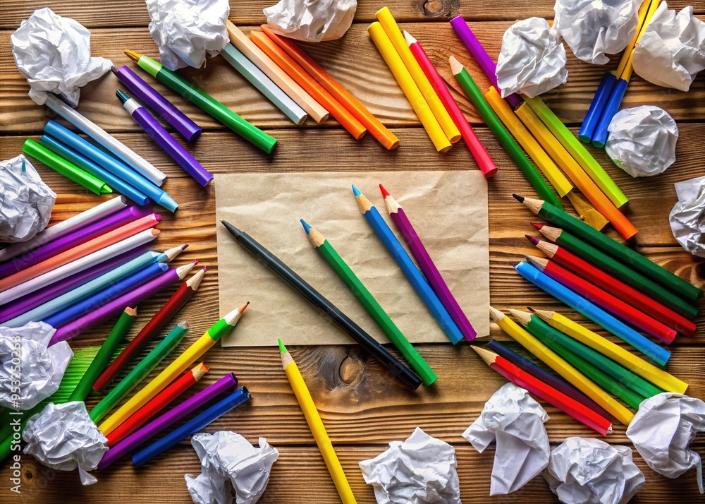 Colorful markers and pencils scattered on a wooden desk, surrounded by ...